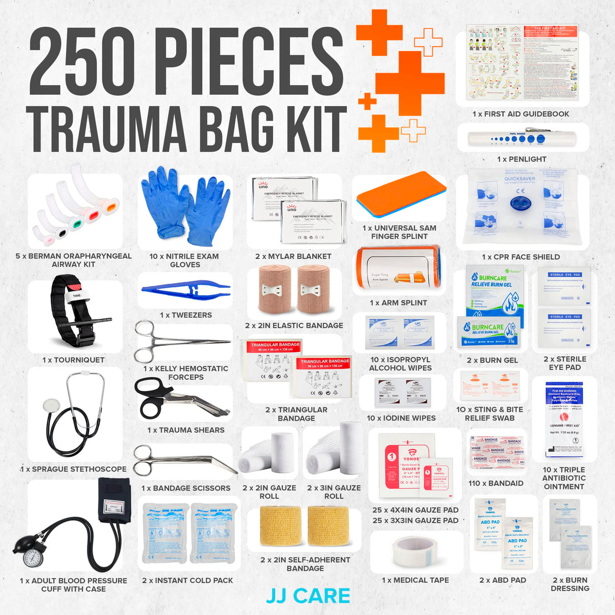 JJ CARE Trauma Bag 250PCS First Responder Kit, EMT Bag with Padded Str – JJ CARE USA
