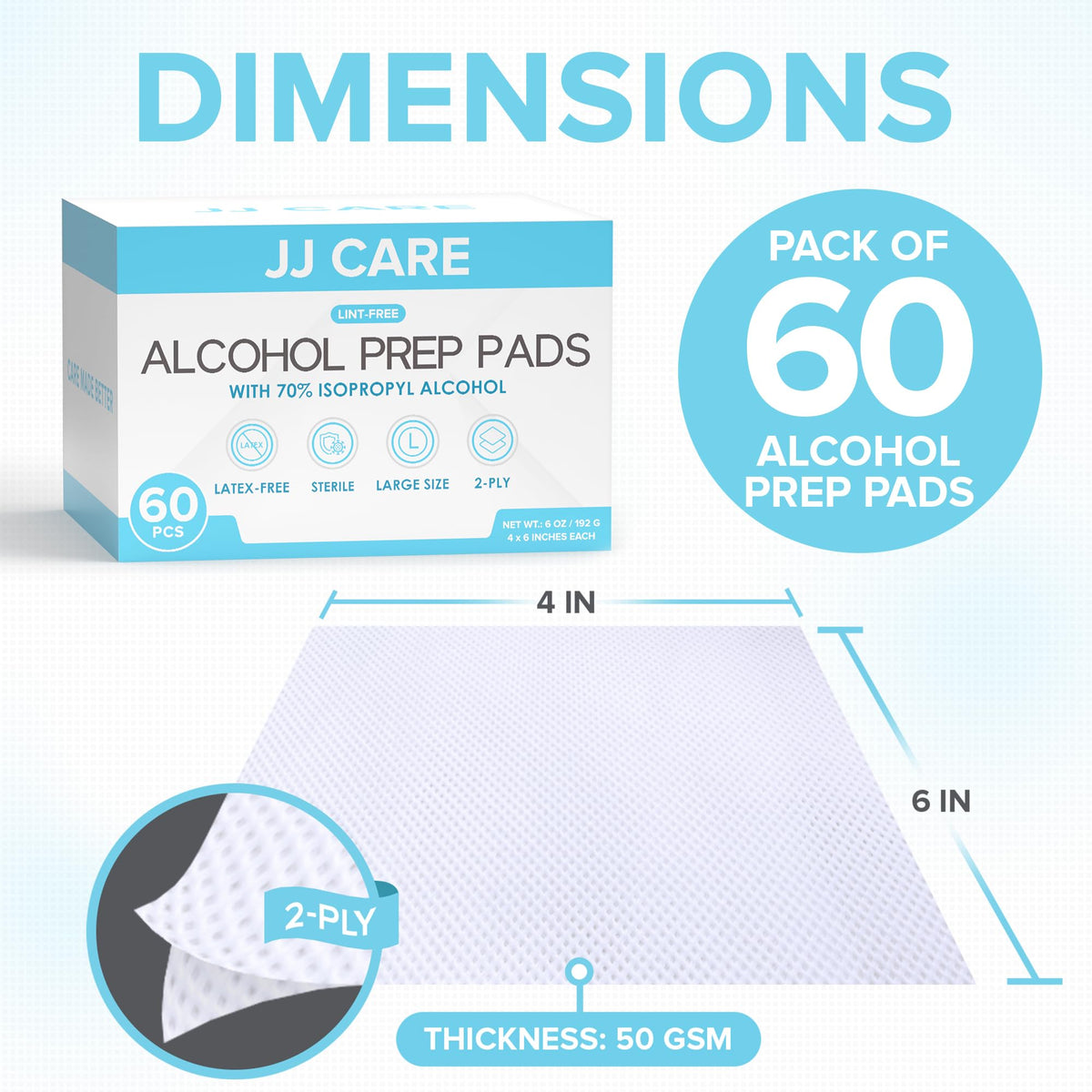JJ CARE Large Alcohol Prep Pads [Pack of 60], 4 x 6" Sterile Alcohol P – JJ CARE USA