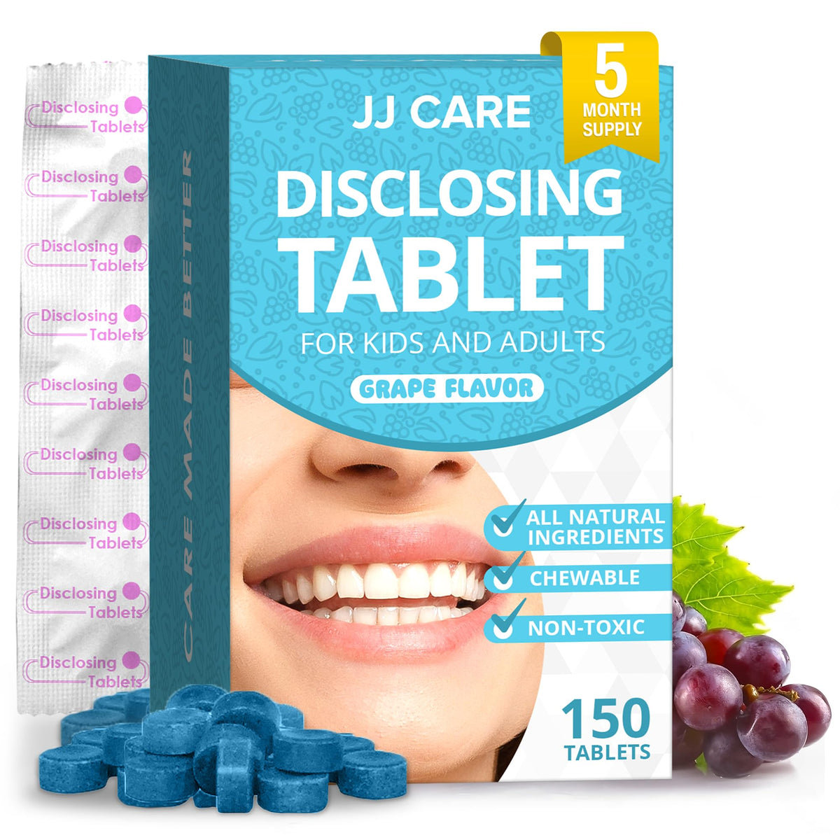 JJ Care Plaque Disclosing Tablets for Teeth - 150 Count Grape Flavored ...