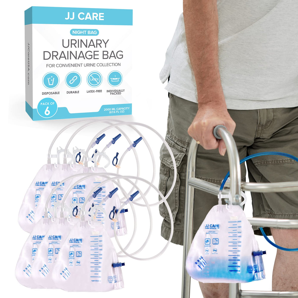 JJ CARE Catheter Bags - Pack of 6 Urinary Drainage Bag, 2000 ml Urine ...
