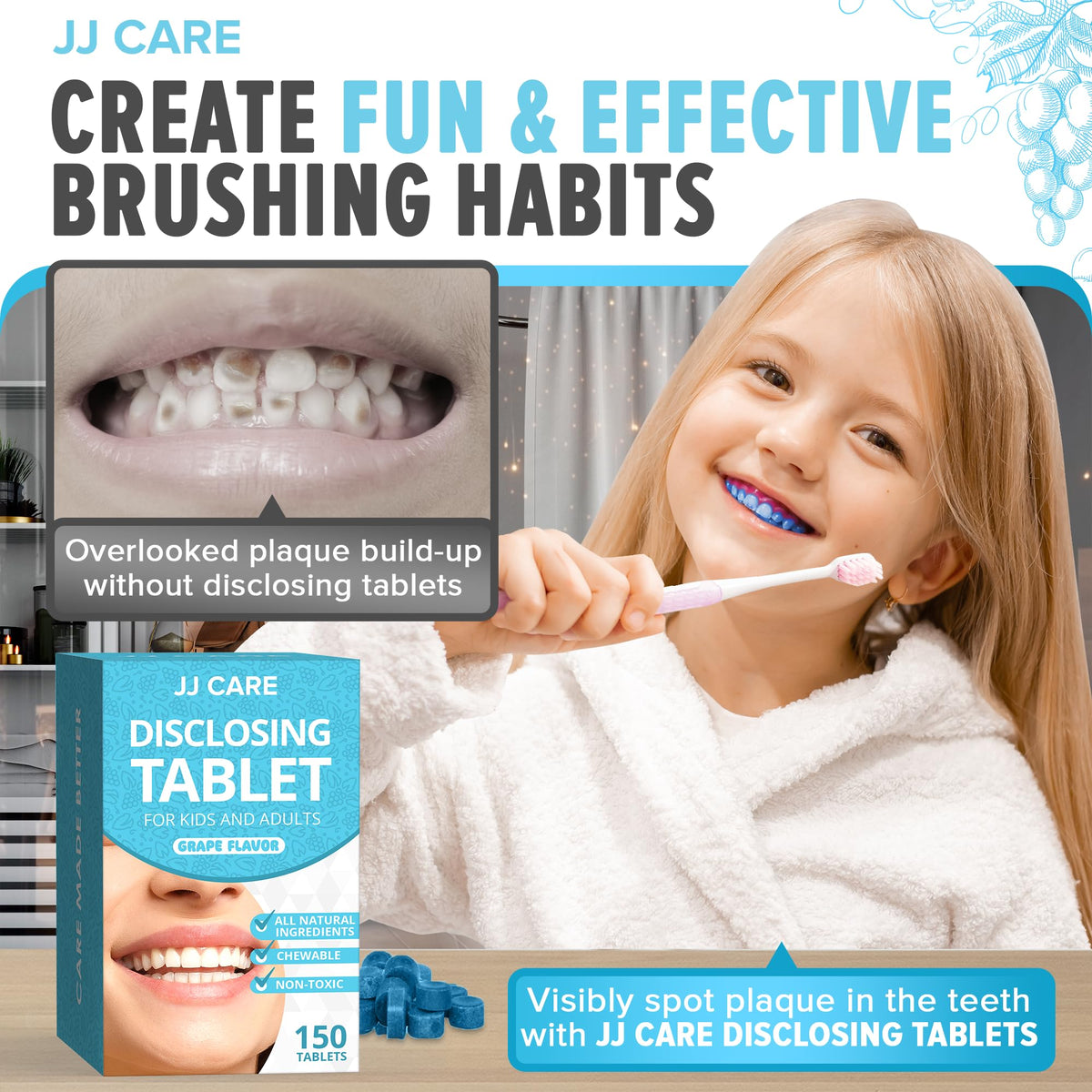 JJ Care Plaque Disclosing Tablets for Teeth - 150 Count Grape Flavored ...