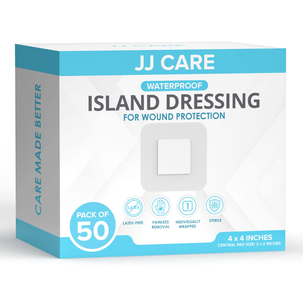 JJ CARE [Pack of 50] Waterproof Adhesive Island Dressing 4” x 4”, Ster ...