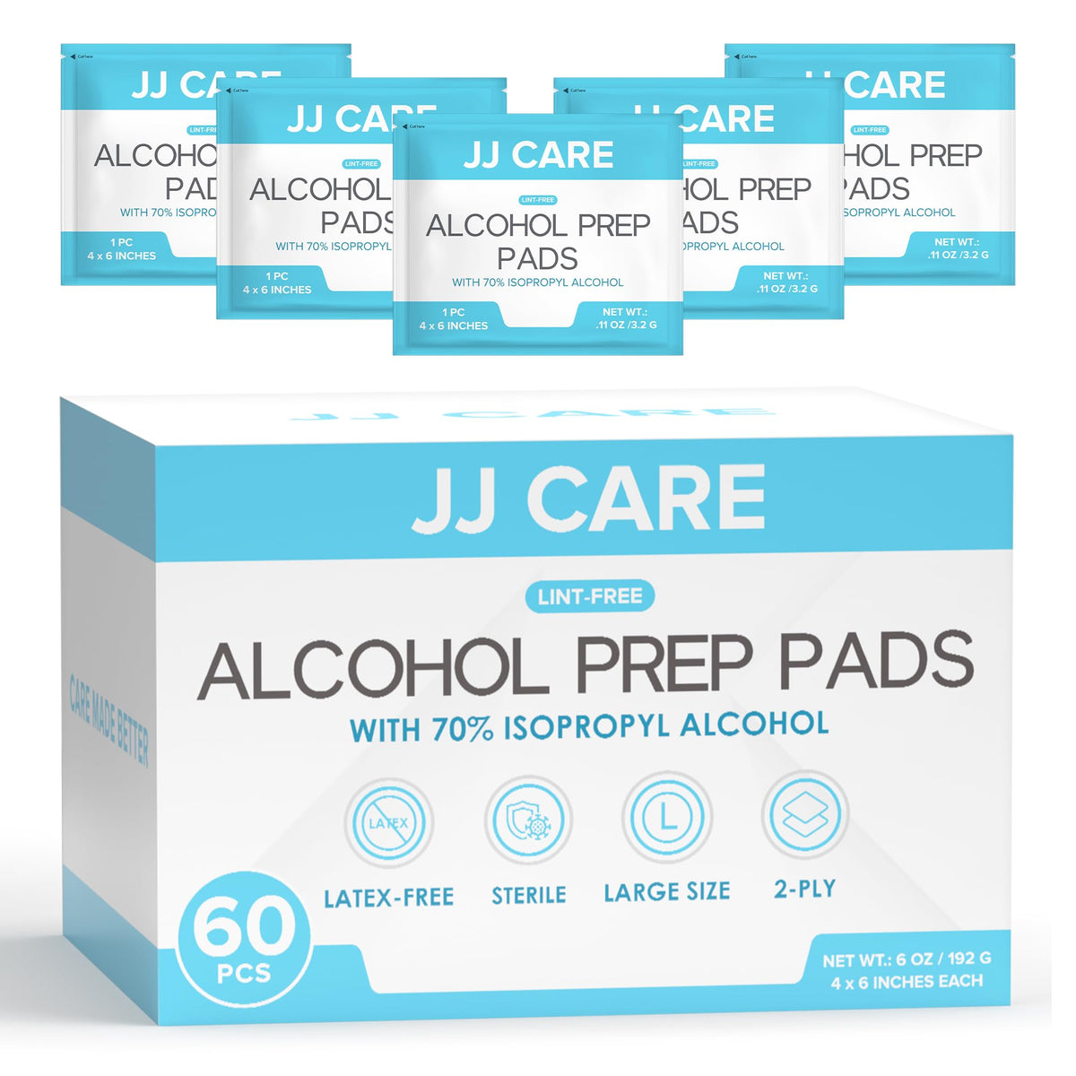 JJ CARE Large Alcohol Prep Pads [Pack of 60], 4 x 6" Sterile Alcohol P ...